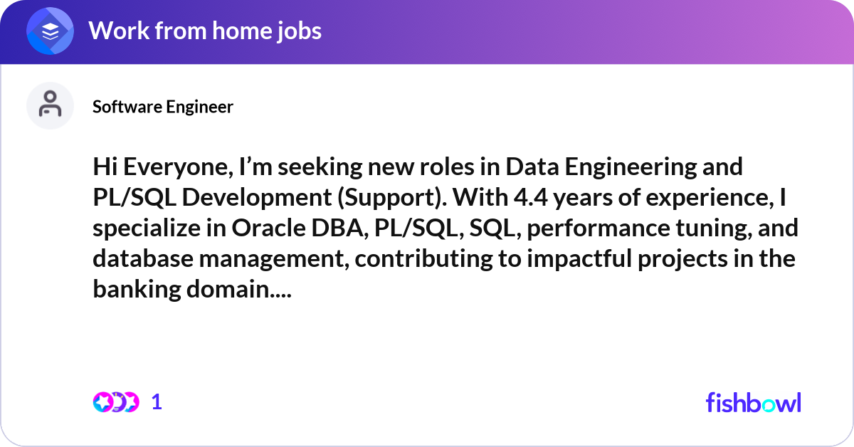 Hi Everyone, I’m seeking new roles in Data Enginee... | Fishbowl