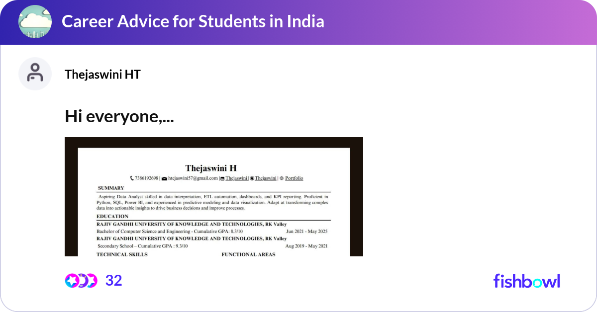 Hi everyone, I’m Thejaswini H, a recent Computer ... | Fishbowl