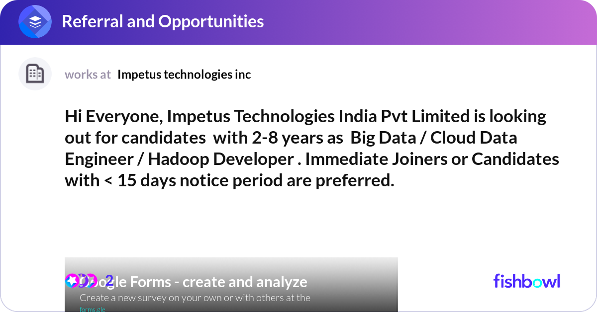 Hi Everyone, Impetus Technologies India Pvt Limite... | Fishbowl