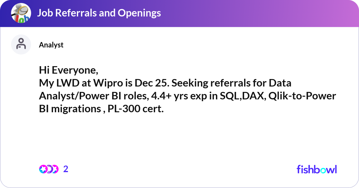 Hi Everyone, My LWD at Wipro is Dec 25. Seeking r... | Fishbowl