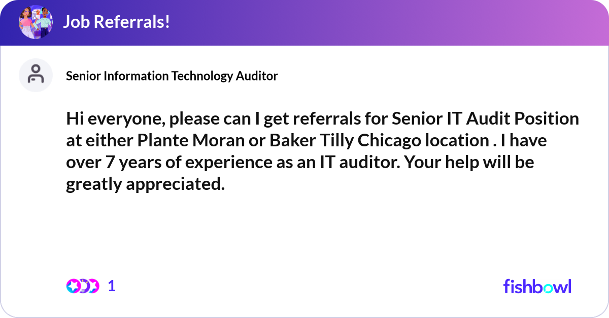 Hi everyone, please can I get referrals for Senior... | Fishbowl