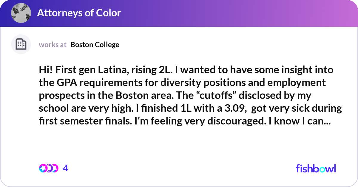 Hi! First gen Latina, rising 2L. I wanted to have ... | Fishbowl