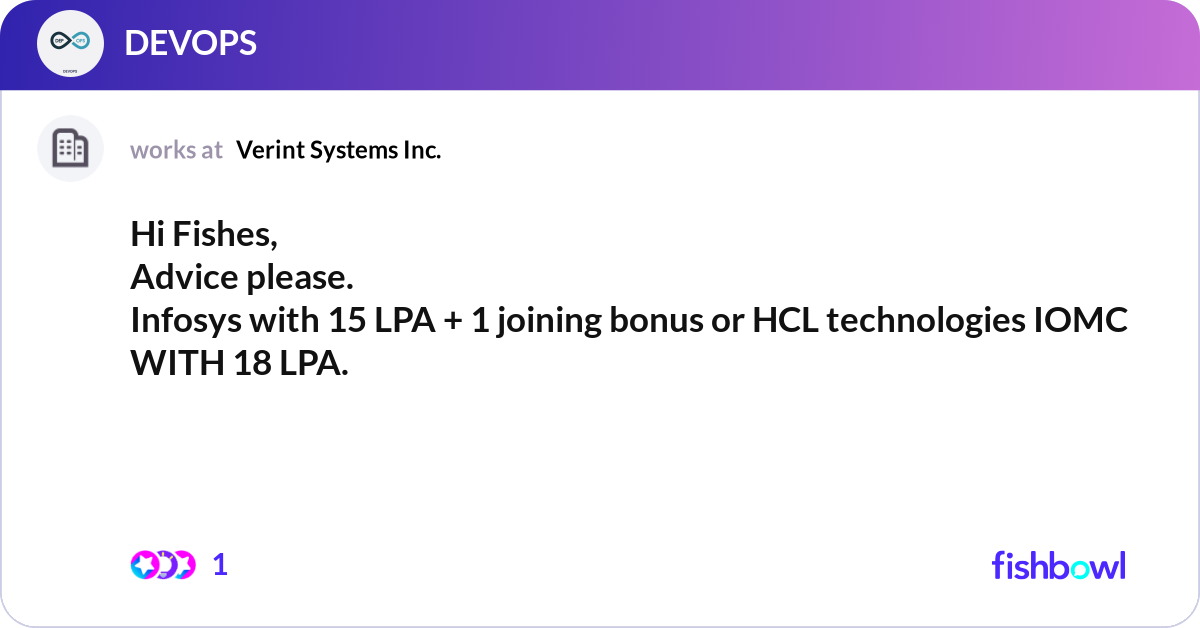 Hi Fishes, Advice please. Infosys with 15 LPA + 1 ... | Fishbowl