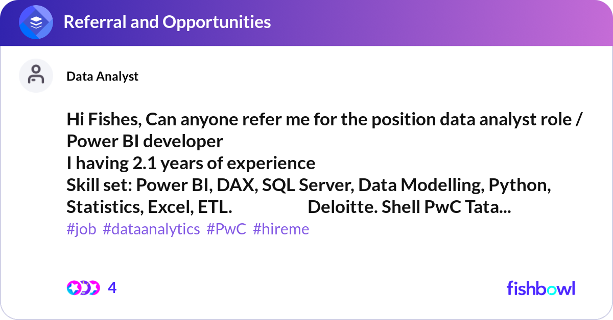 Hi Fishes, Can anyone refer me for the position da... | Fishbowl