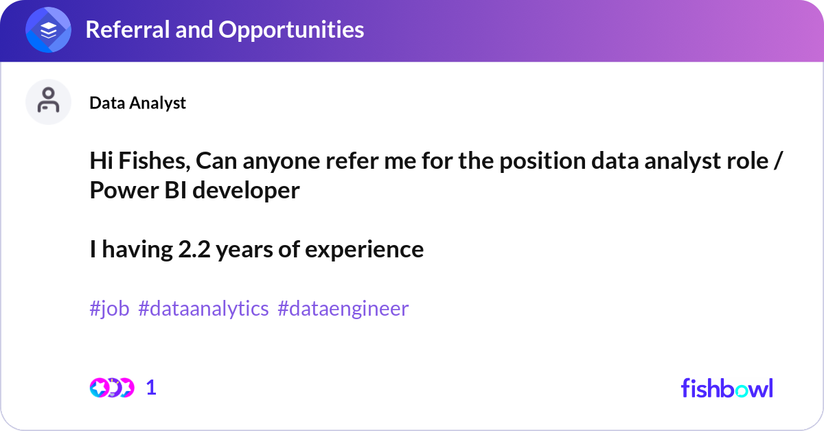 Hi Fishes, Can anyone refer me for the position da... | Fishbowl