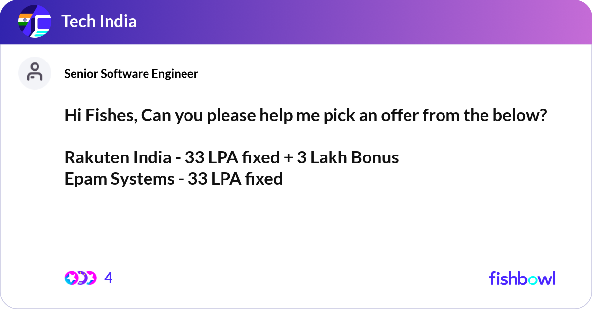 Hi Fishes, Can you please help me pick an offer fr... | Fishbowl