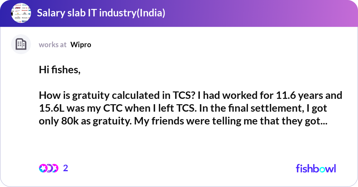 Hi fishes, How is gratuity calculated in TCS? I h... | Fishbowl