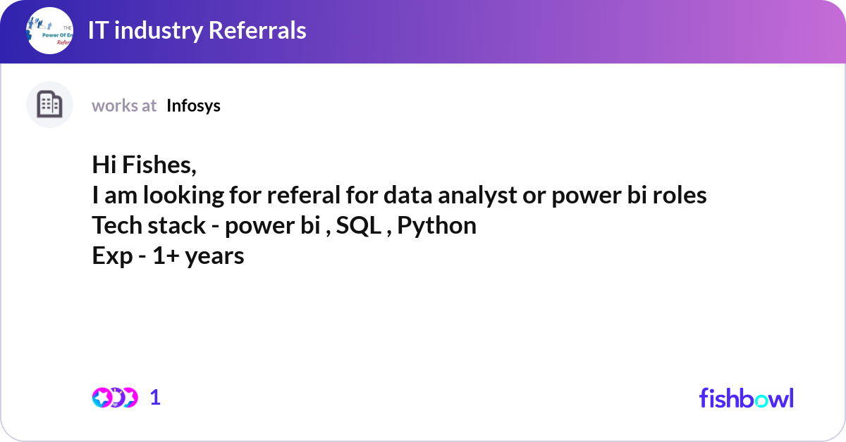 Hi Fishes, I am looking for referal for data analy... | Fishbowl