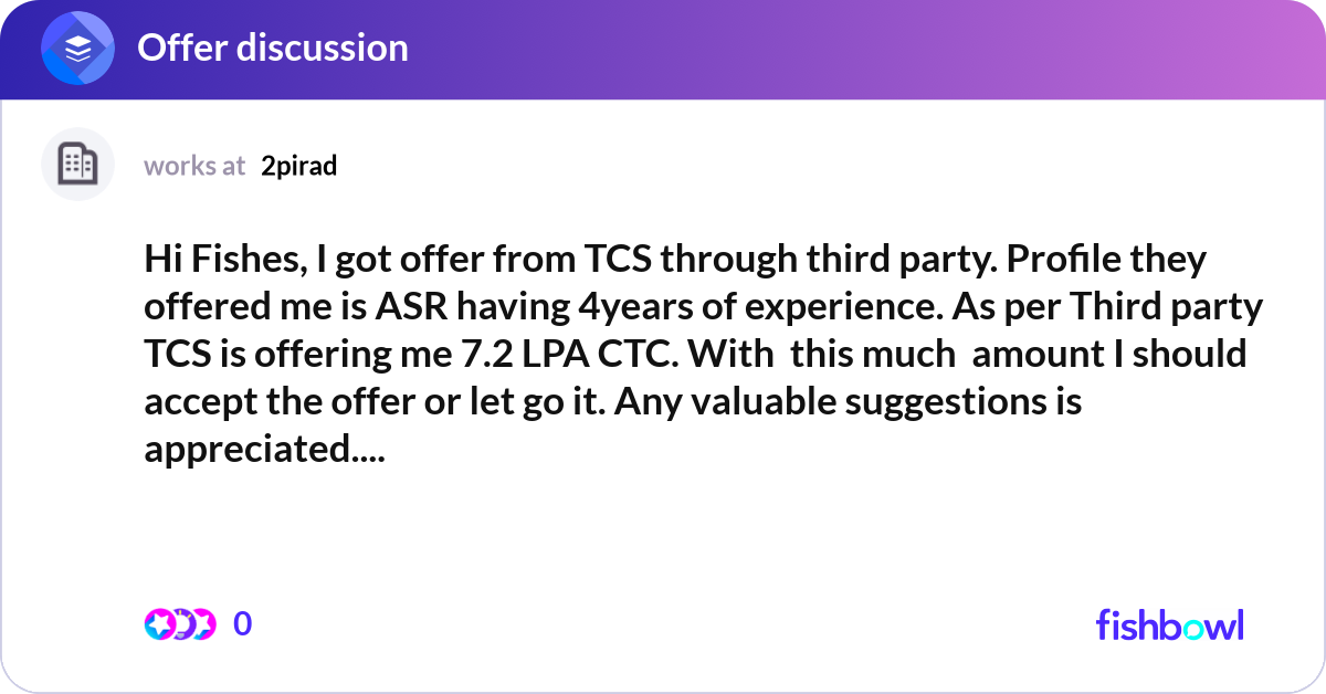 Hi Fishes, I got offer from TCS through third part... | Fishbowl