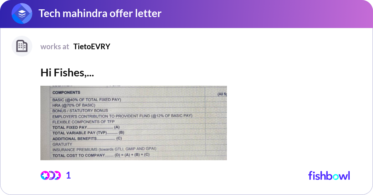 Hi Fishes, I have received an offer from Tech Mahi... | Fishbowl
