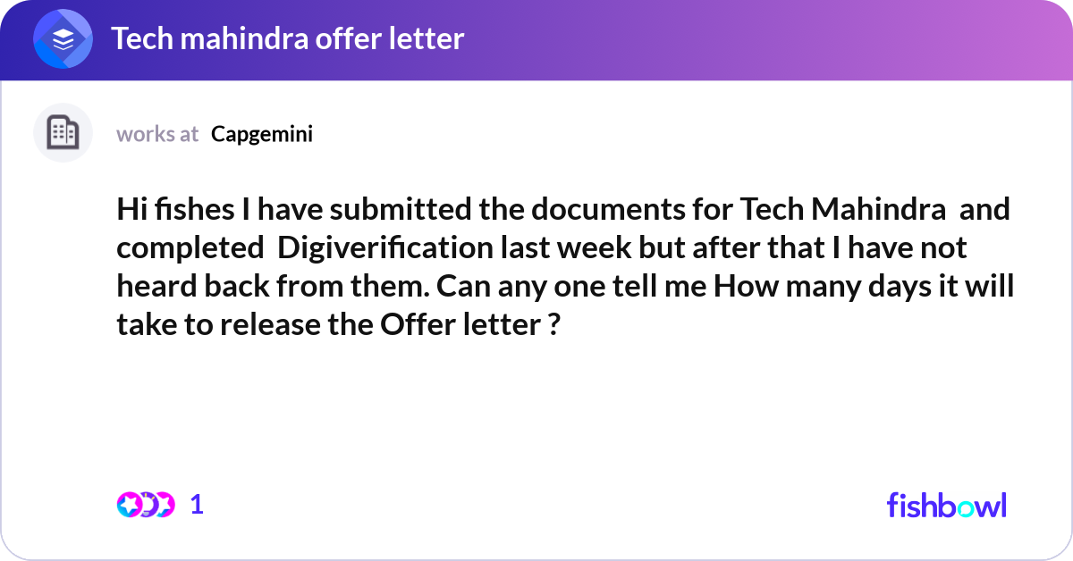 Hi fishes I have submitted the documents for Tech ... | Fishbowl