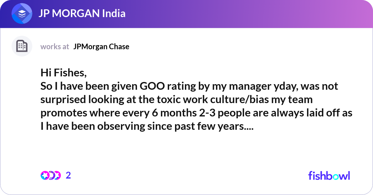 Hi Fishes, So I have been given GOO rating by my m... | Fishbowl