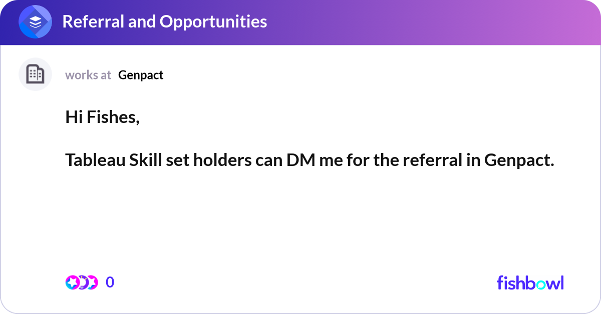 Hi Fishes, Tableau Skill set holders can DM me fo... | Fishbowl