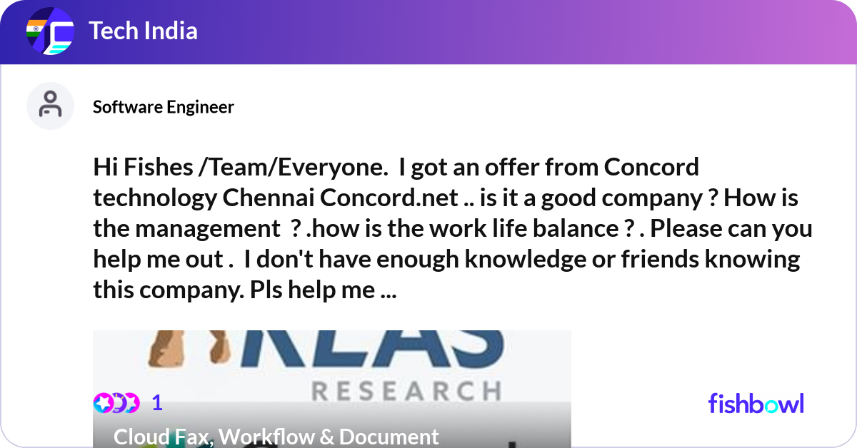 Hi Fishes /Team/Everyone. I got an offer from Con... | Fishbowl