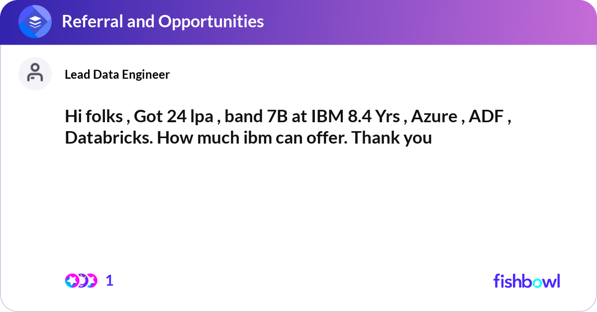 Hi folks , Got 24 lpa , band 7B at IBM 8.4 Yrs , A... | Fishbowl