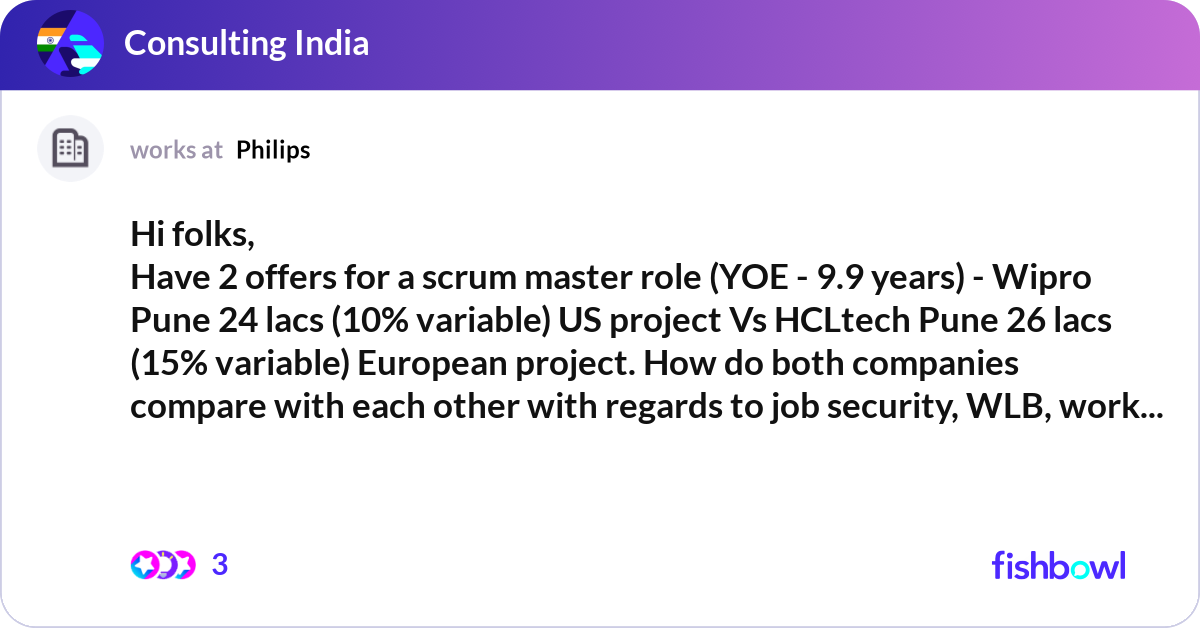 Hi folks, Have 2 offers for a scrum master role (Y... | Fishbowl