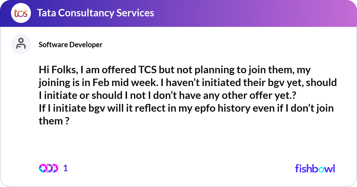Hi Folks, I am offered TCS but not planning to joi... | Fishbowl
