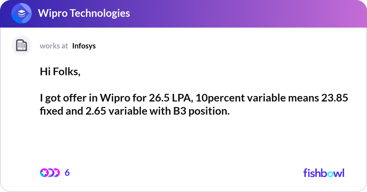 Hi Folks, I got offer in Wipro for 26.5 LPA, 10pe... | Fishbowl