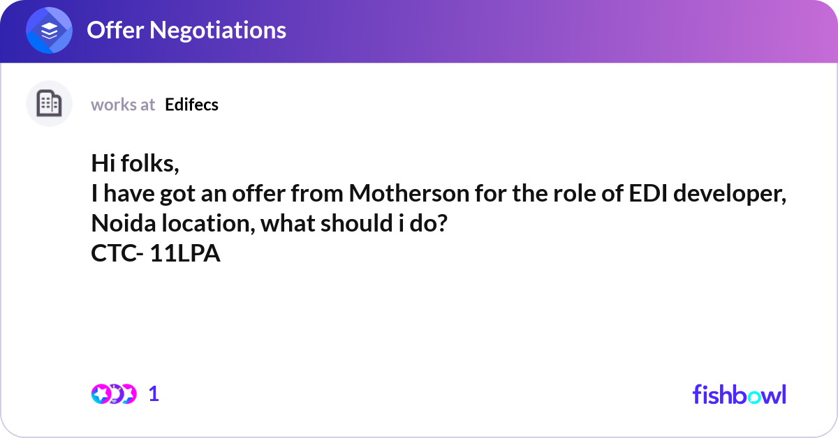 Hi folks, I have got an offer from Motherson for t... | Fishbowl