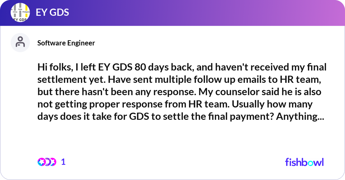 Hi folks, I left EY GDS 80 days back, and haven't ... | Fishbowl