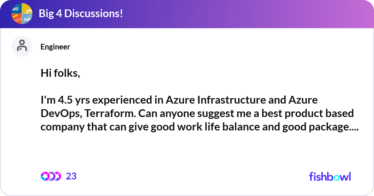 Hi folks, I'm 4.5 yrs experienced in Azure Infras... | Fishbowl