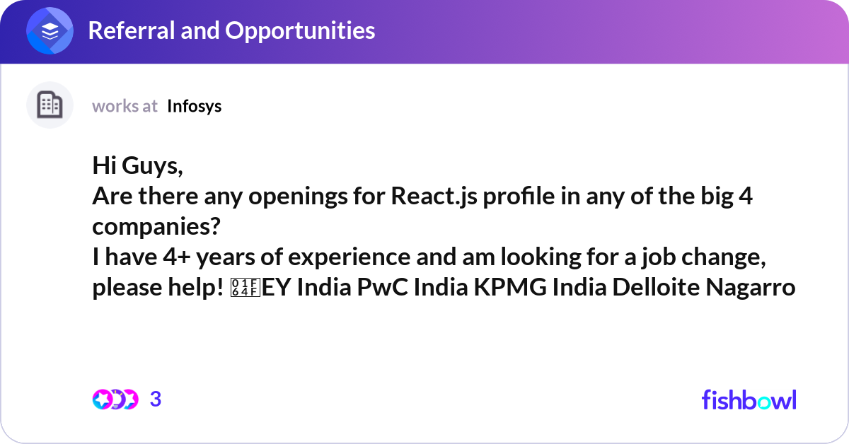 Hi Guys, Are there any openings for React.js prof... | Fishbowl