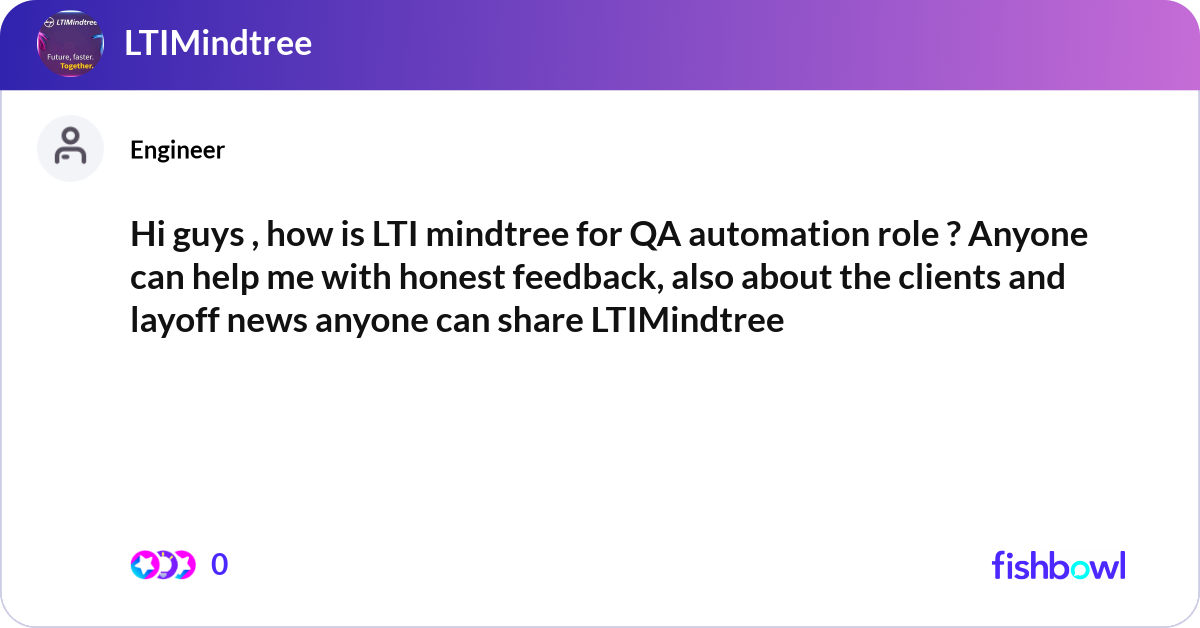 Hi guys , how is LTI mindtree for QA automation ro... | Fishbowl