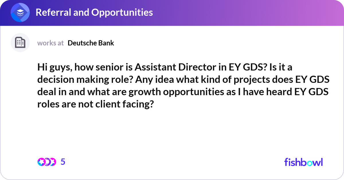 Hi guys, how senior is Assistant Director in EY GD... | Fishbowl