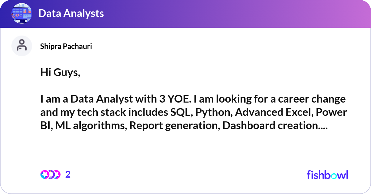 Hi Guys, I am a Data Analyst with 3 YOE. I am loo... | Fishbowl