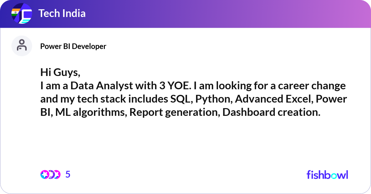 Hi Guys, I am a Data Analyst with 3 YOE. I am look... | Fishbowl
