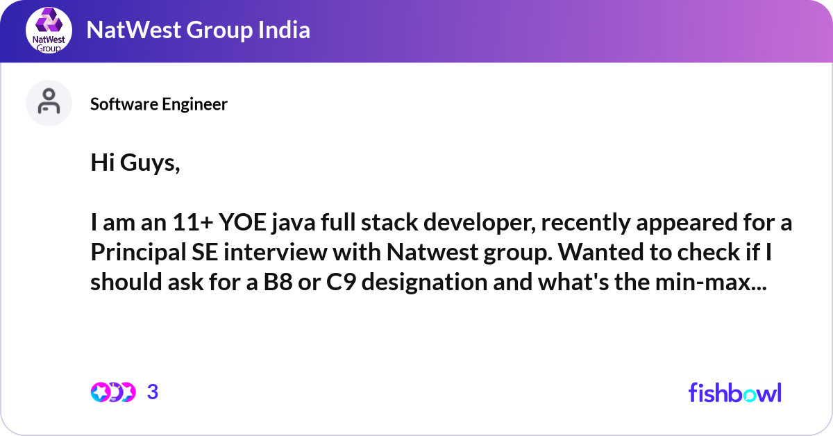 Hi Guys, I am an 11+ YOE java full stack develope... | Fishbowl