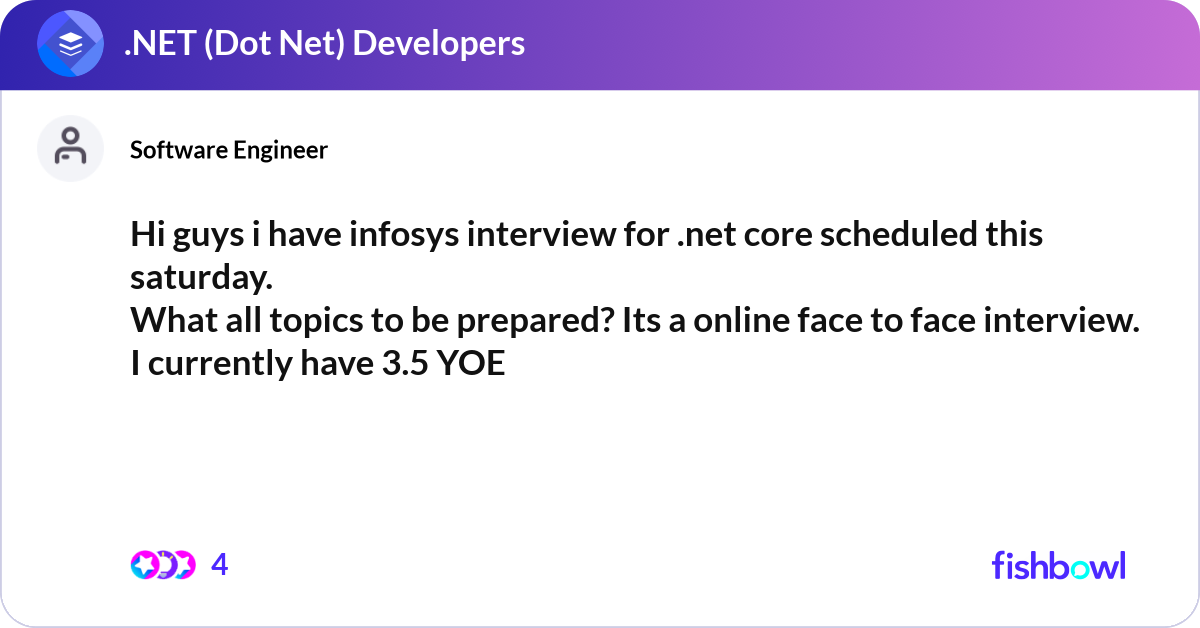 Hi guys i have infosys interview for .net core sch... | Fishbowl