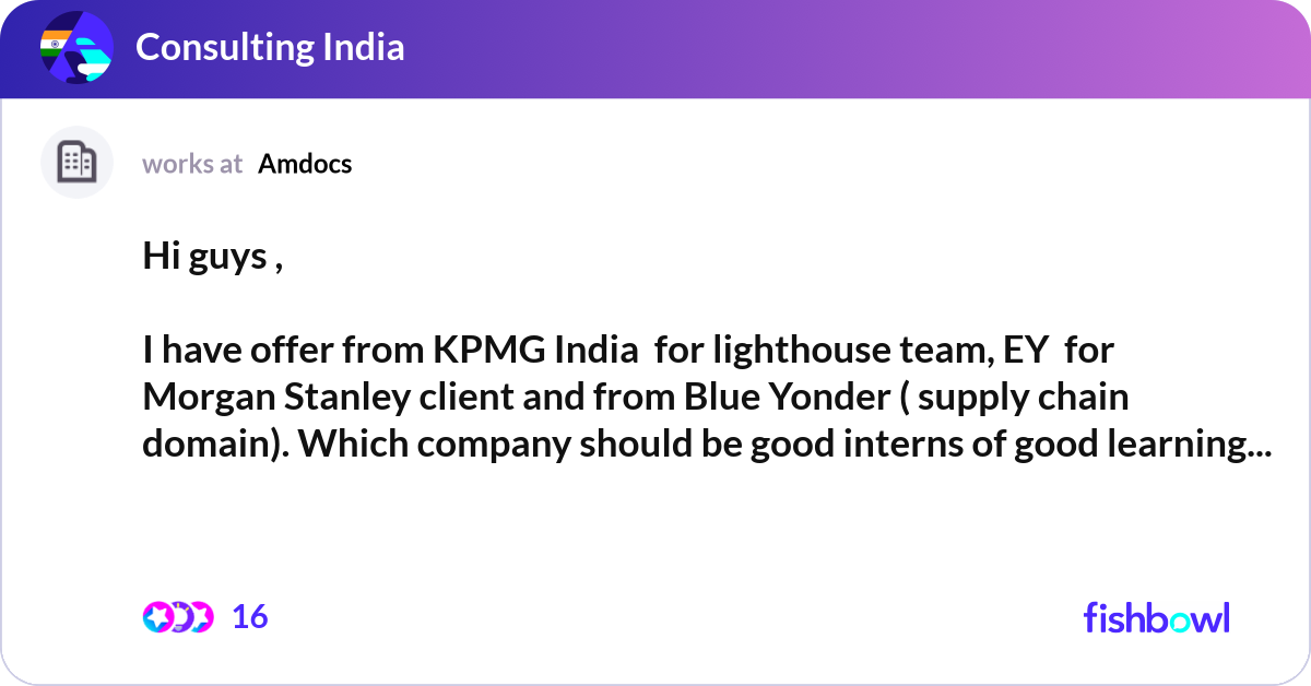 Hi guys , I have offer from KPMG India for light... | Fishbowl
