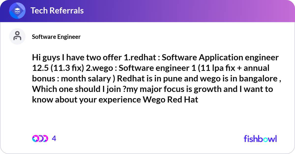 Hi guys I have two offer 1.redhat : Software Appli... | Fishbowl