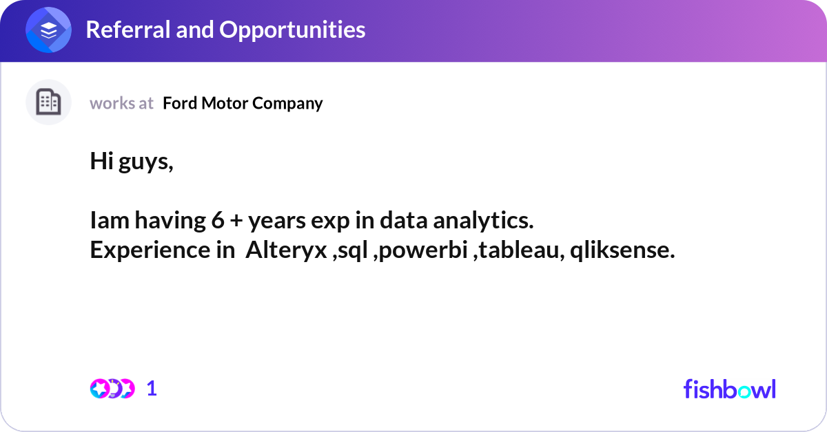 Hi guys, Iam having 6 + years exp in data analyti... | Fishbowl