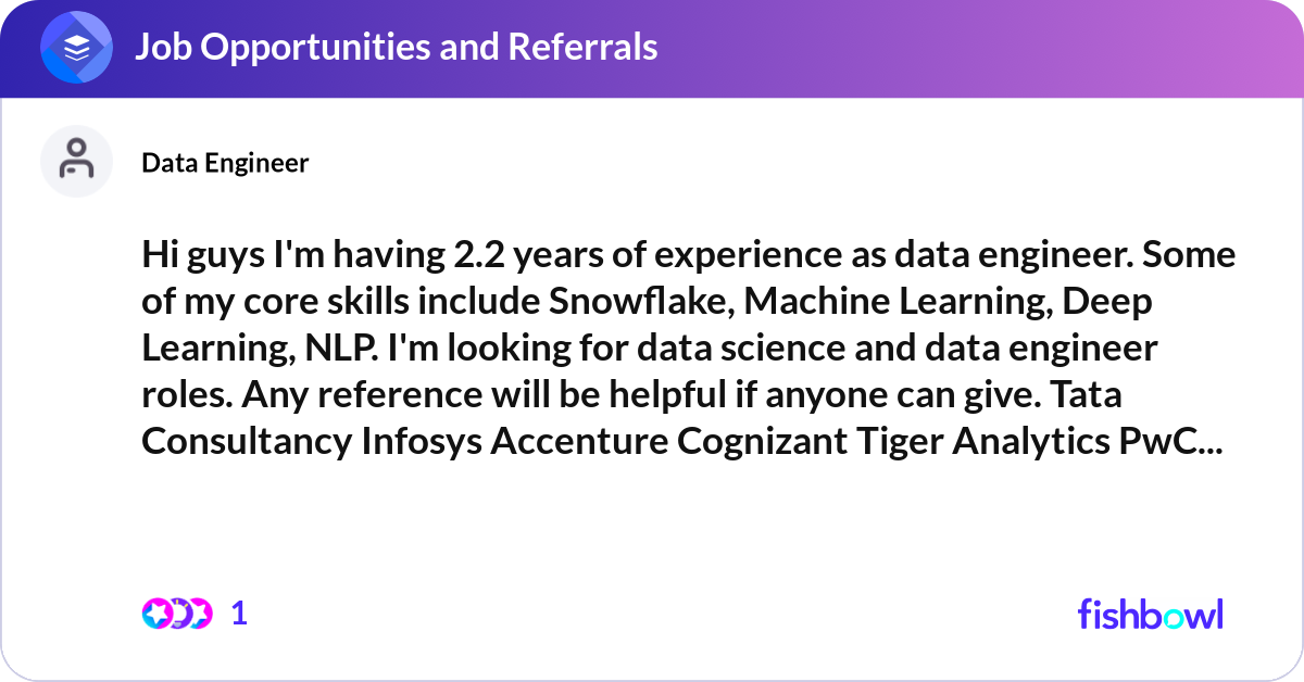 Hi guys I'm having 2.2 years of experience as data... | Fishbowl