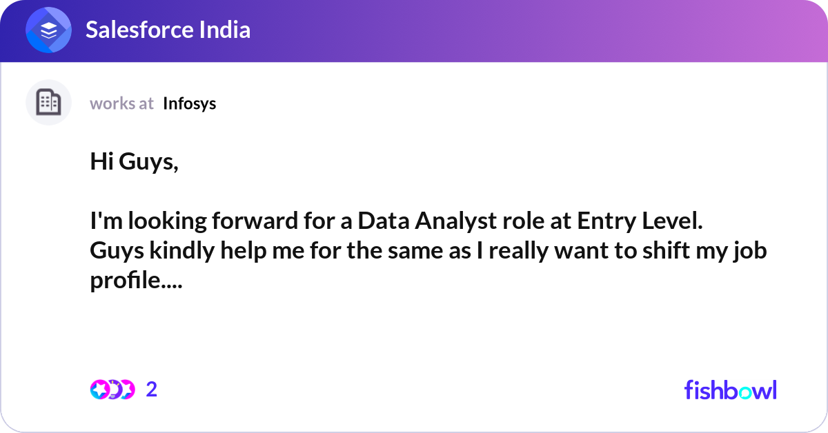 Hi Guys, I'm looking forward for a Data Analyst r... | Fishbowl