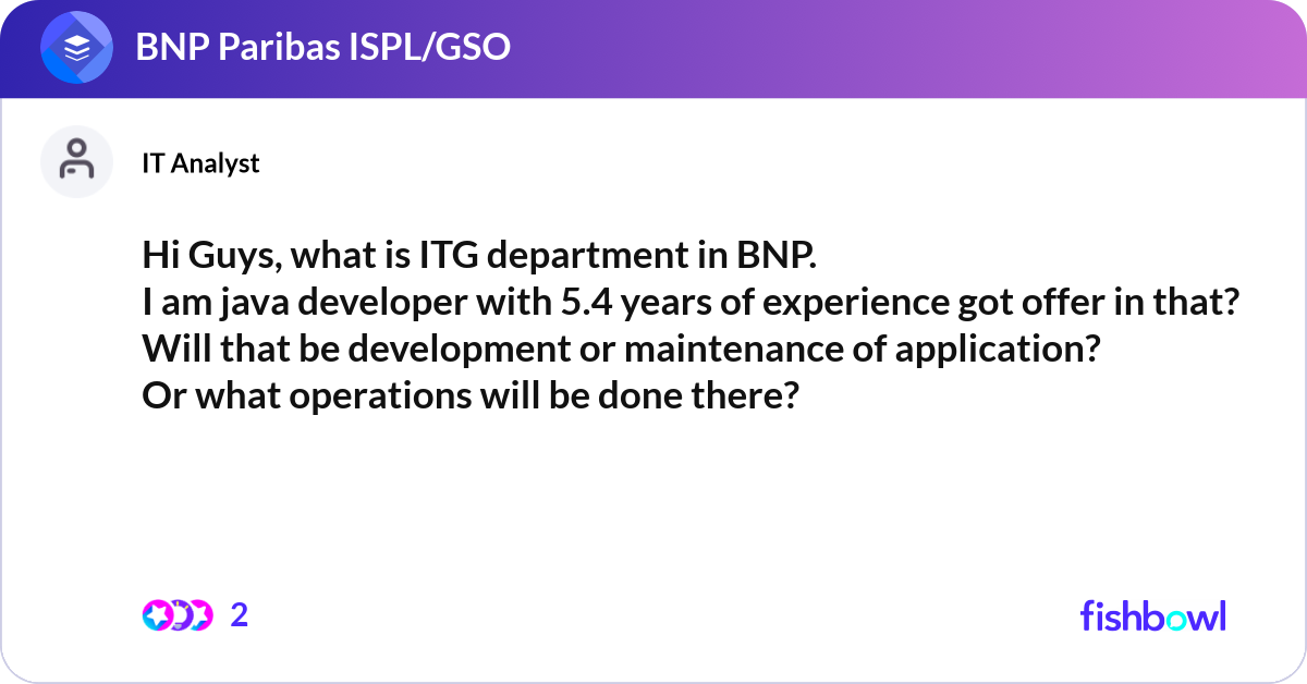 Hi Guys, what is ITG department in BNP. I am java ... | Fishbowl