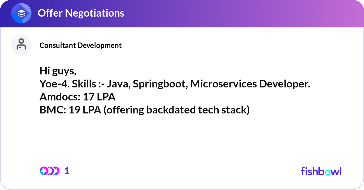 Hi guys, Yoe-4. Skills :- Java, Springboot, Micros... | Fishbowl