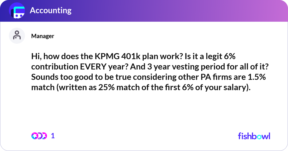 Hi, how does the KPMG 401k plan work? Is it a legi... | Fishbowl