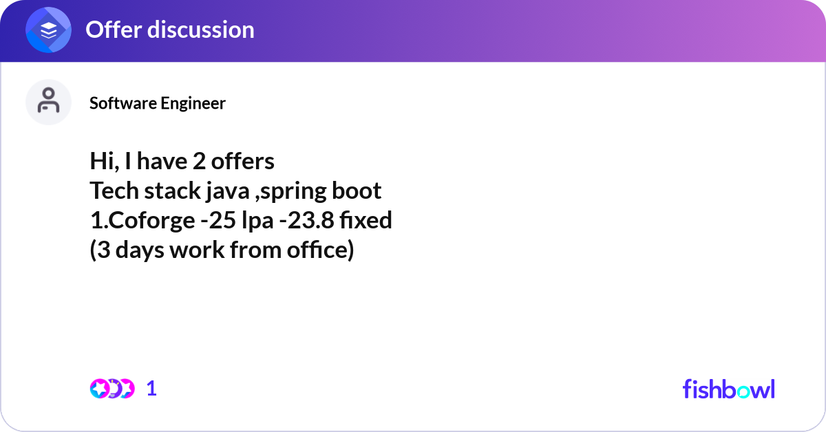 Hi, I have 2 offers Tech stack java ,spring boot 1... | Fishbowl
