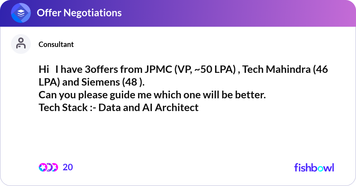 Hi I have 3offers from JPMC (VP, ~50 LPA) , Tech... | Fishbowl