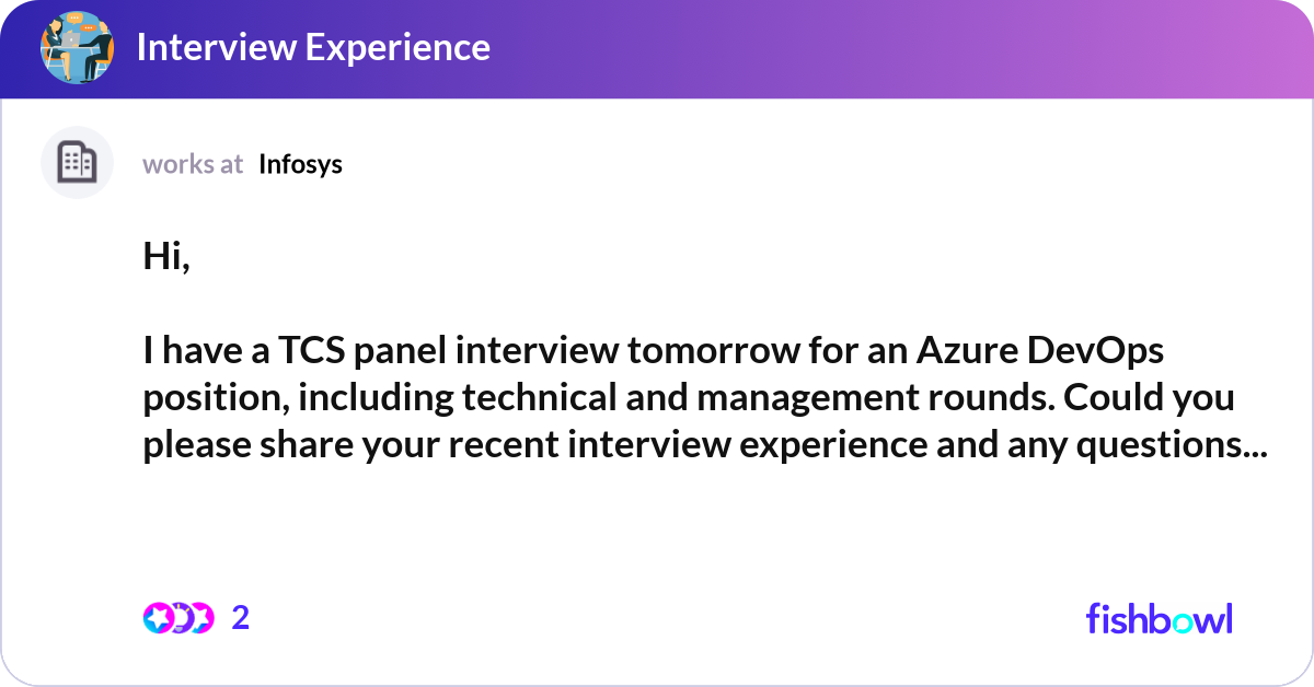 Hi, I have a TCS panel interview tomorrow for an ... | Fishbowl