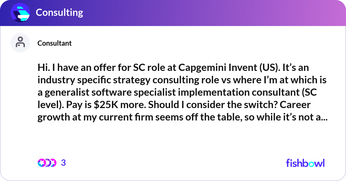 Hi. I have an offer for SC role at Capgemini Inven... | Fishbowl