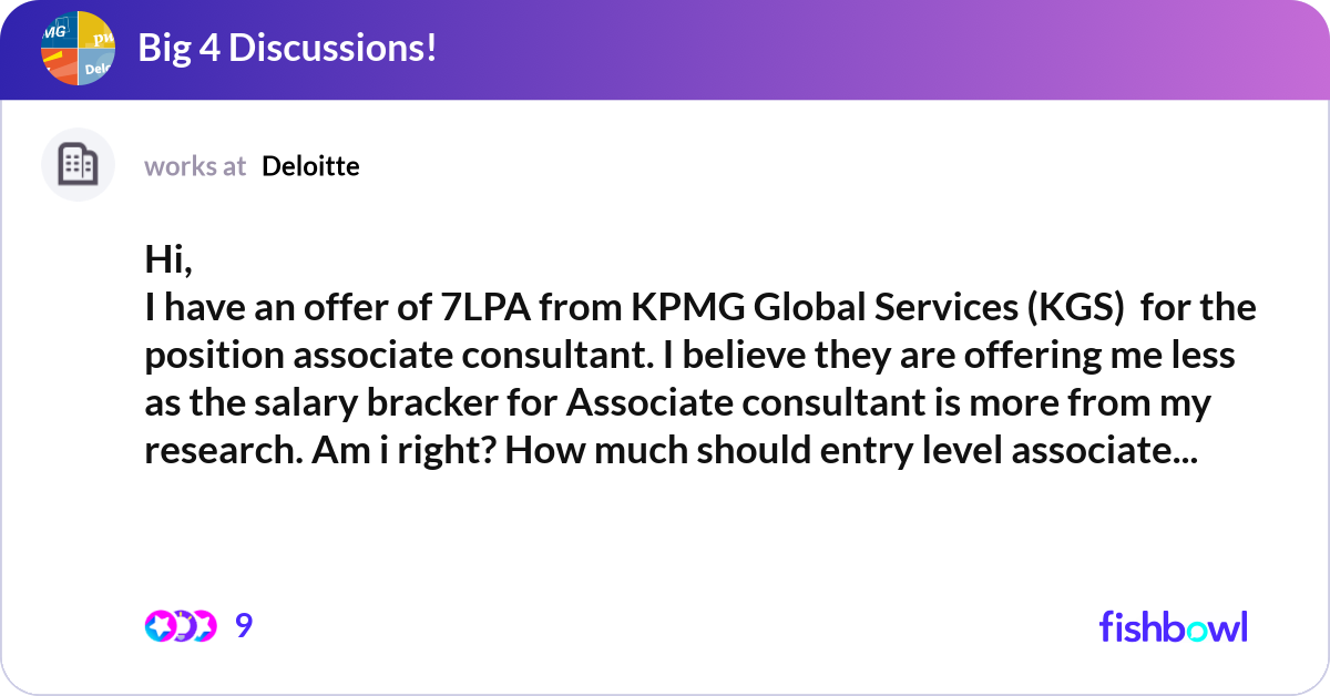 Hi, I have an offer of 7LPA from KPMG Global Servi... | Fishbowl