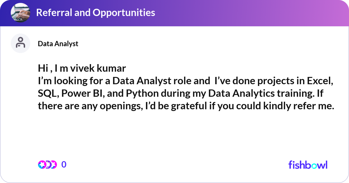 Hi , I m vivek kumar I’m looking for a Data Analys... | Fishbowl