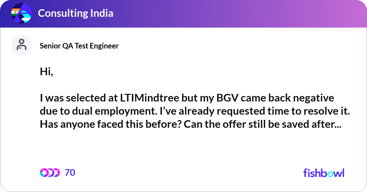 Hi, I was selected at LTIMindtree but my BGV cam... | Fishbowl