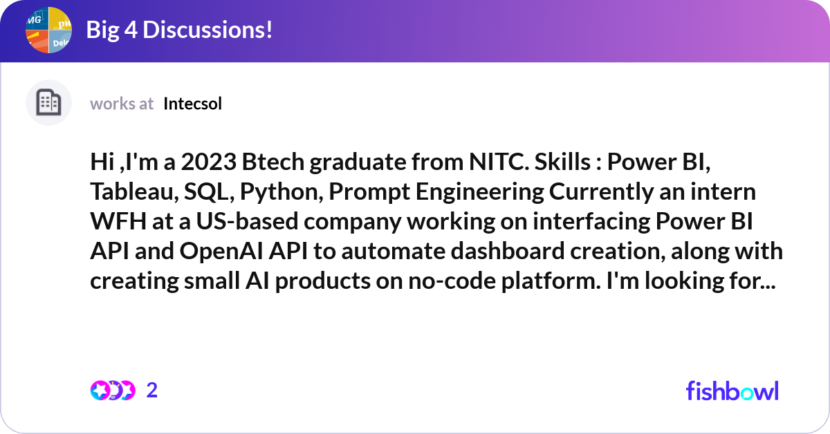 Hi ,I'm a 2023 Btech graduate from NITC. Skills : ... | Fishbowl