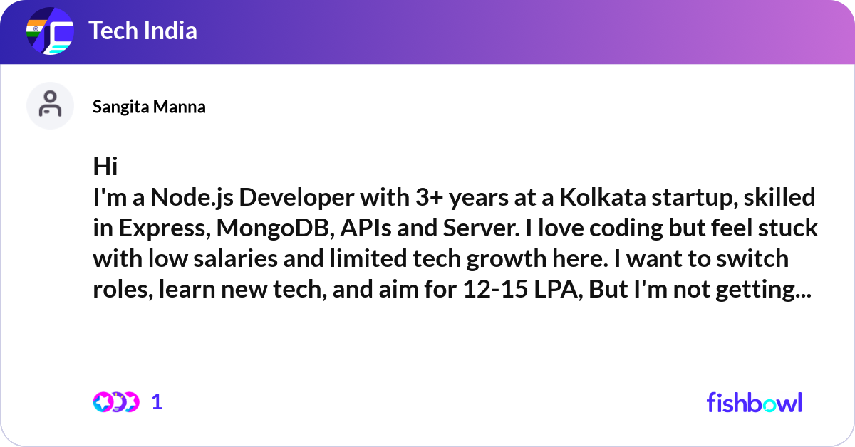 Hi I'm a Node.js Developer with 3+ years at a Kol... | Fishbowl