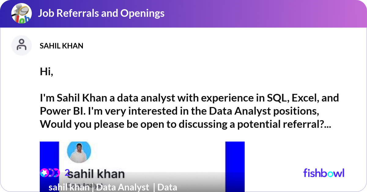 Hi, I'm Sahil Khan a data analyst with experience... | Fishbowl